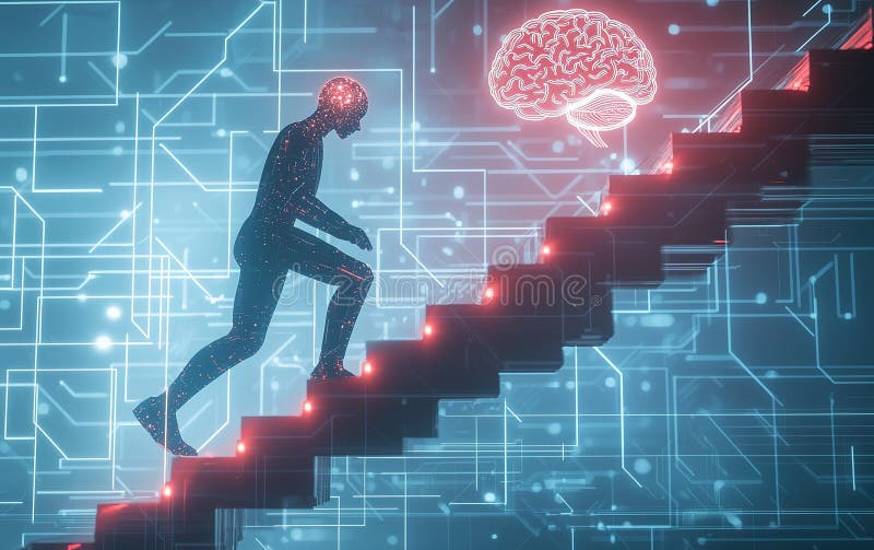 A Figure Ascending Illuminated Steps Toward a Glowing Brain Symbol ...