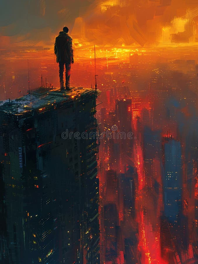 Figure Atop a Skyscraper Painted with a Dynamic Perspective and ...