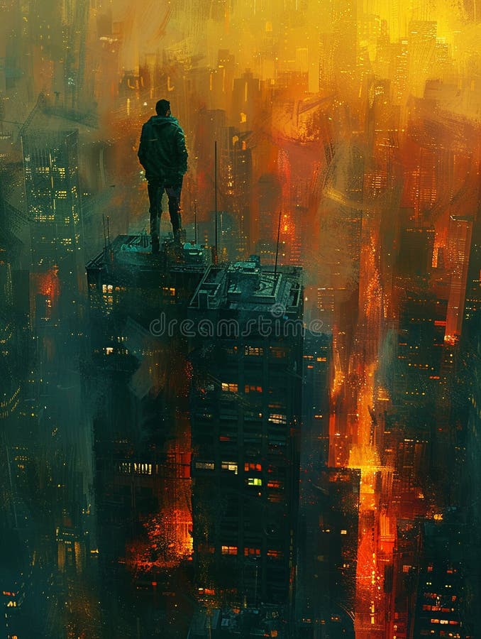 Figure Atop a Skyscraper Painted with a Dynamic Perspective and ...