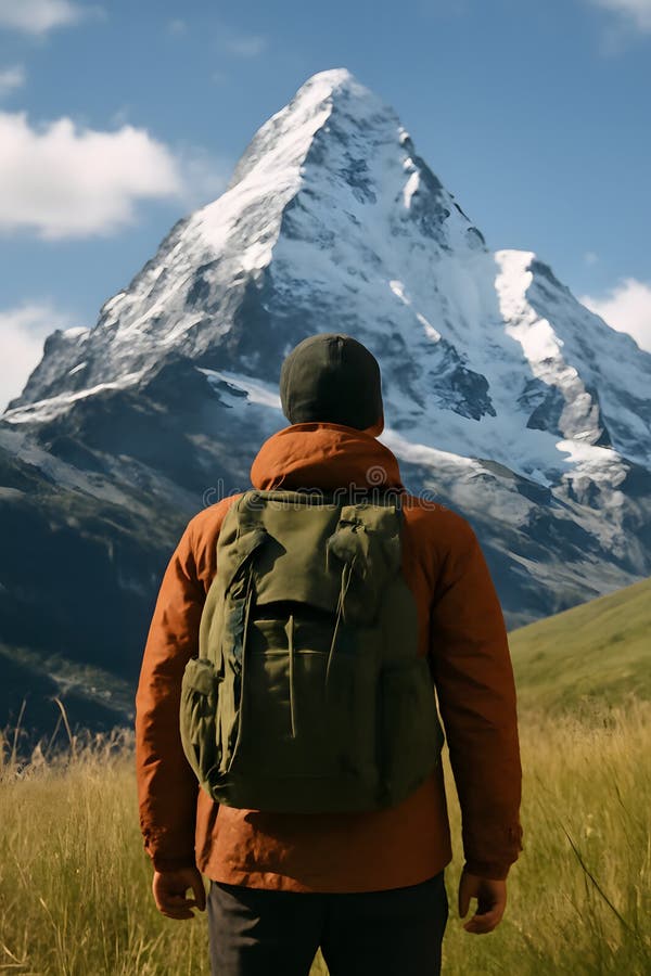 Figure with Backpack and Jacket Stands Looking at a Large Snowy ...