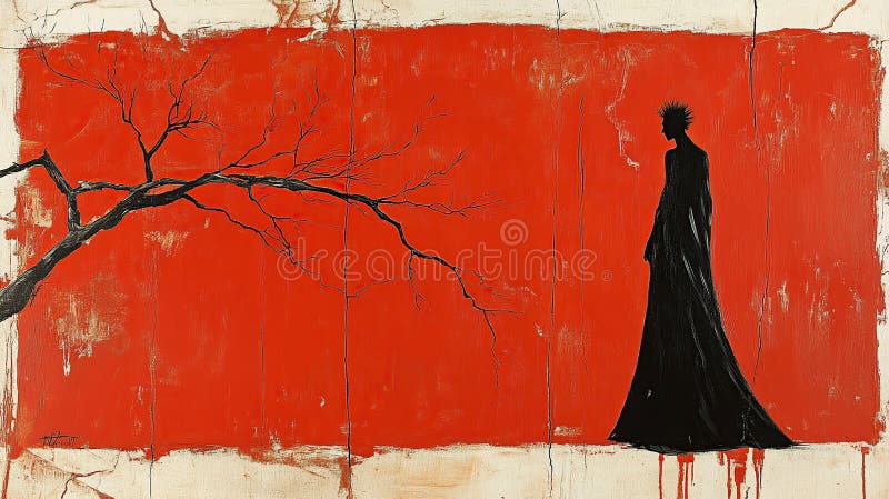 Figure in Black Gown, Red Background, Tree Silhouette Stock Image ...