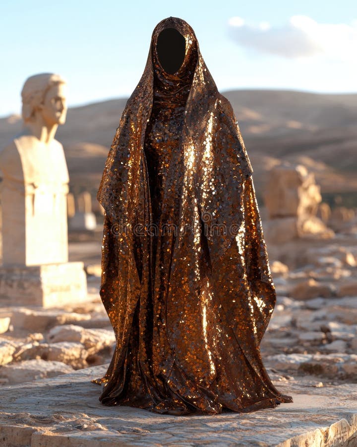 Figure in a Bronze Sequin Robe Standing among Ancient Ruins. Stock ...