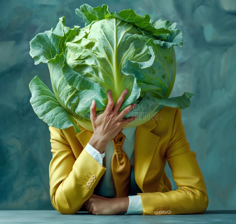 Figure with a Cabbage Head, Hand on Face in a Facepalm Gesture Stock ...