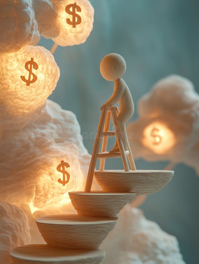 Figure Climbing Stairs Towards Glowing Dollar Clouds Stock Photo ...