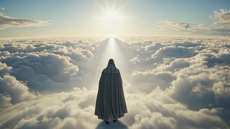 Figure in Cloak Walking through Clouds Toward a Bright Light Source ...