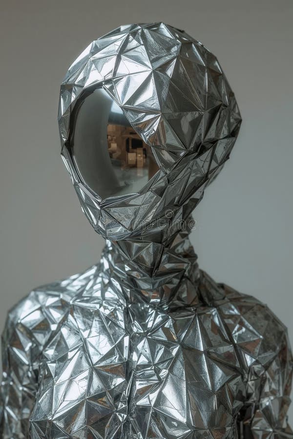 A Figure Completely Covered in Reflective Silver Foil. the Foil Forms ...