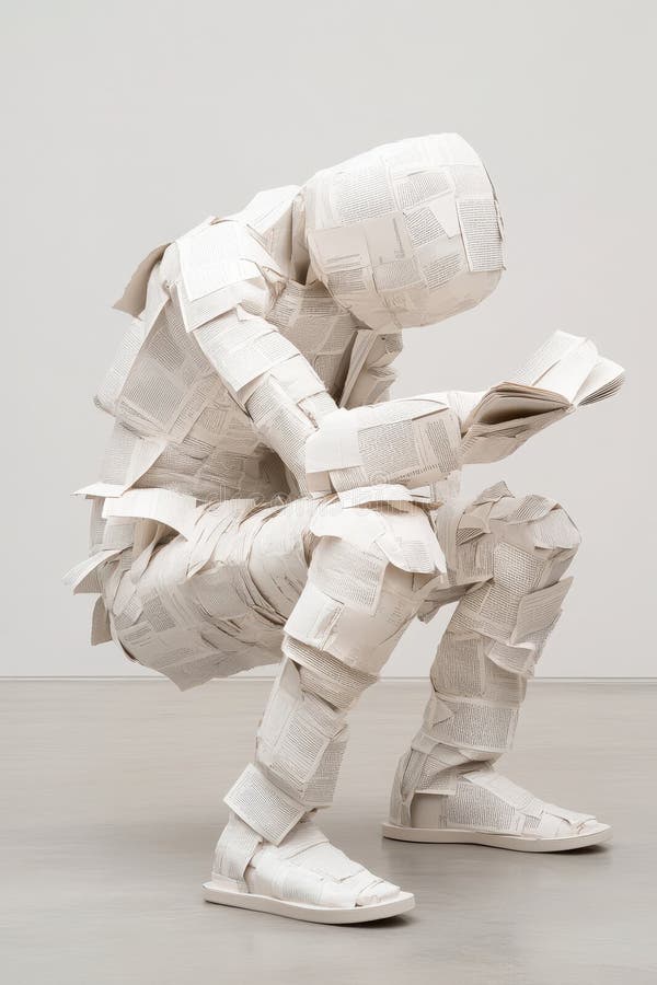 Figure Crafted from White Paper in a Seated Reading Pose Against a Plain Background, Suggesting ...