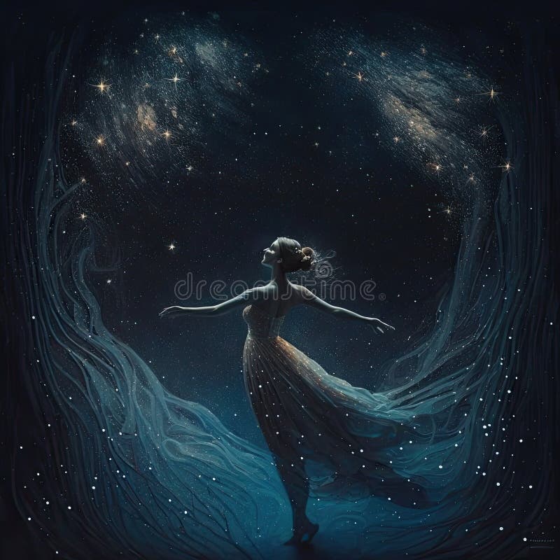 Figure of a Delicate Ballerina Dancing among the Starry Sky. Dark ...