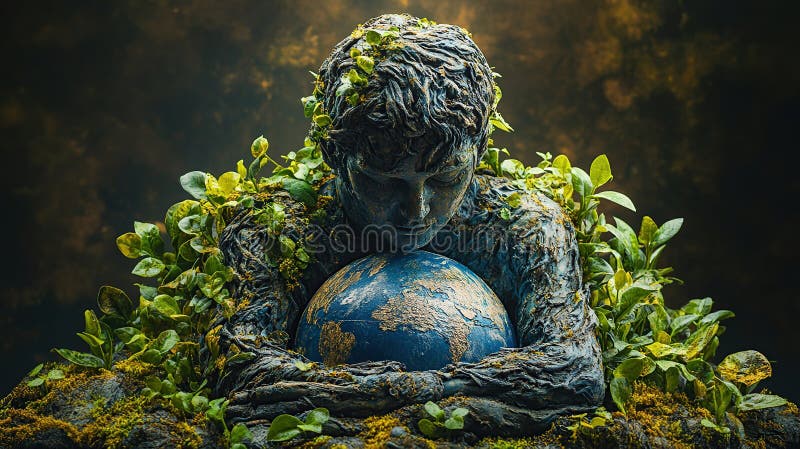 A Figure Embracing the Earth, Entwined with Nature Stock Illustration ...