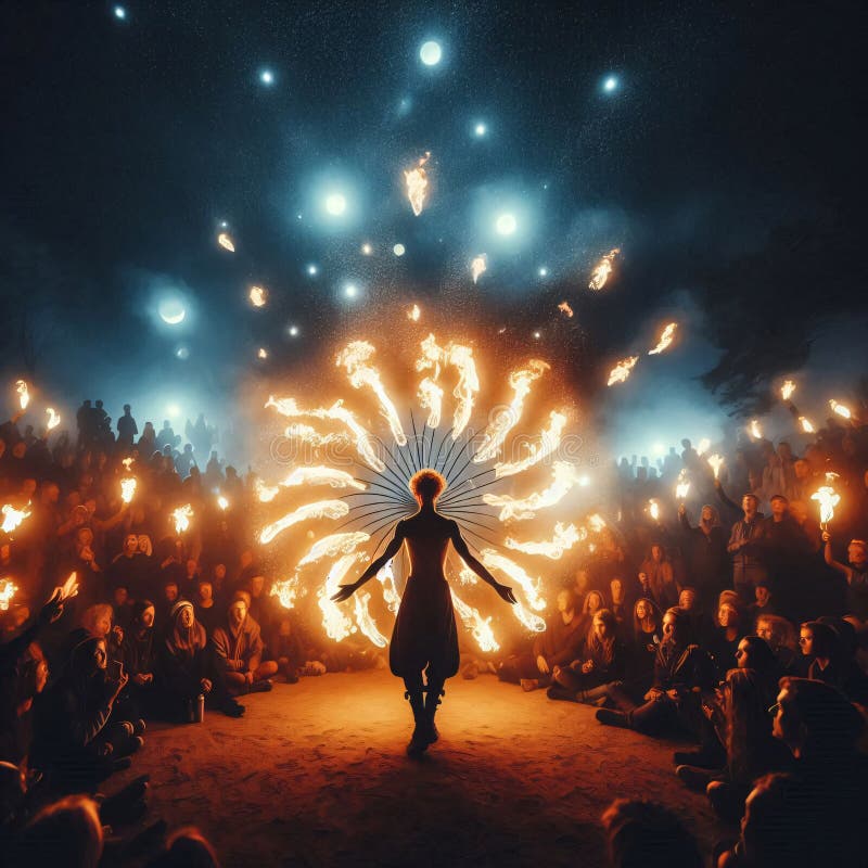 A Figure with Fiery Wings Captivates a Crowd Under a Starlit Sky Stock ...