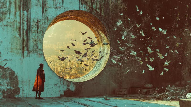 A Figure Gazes through a Circular Window at Birds Stock Illustration ...