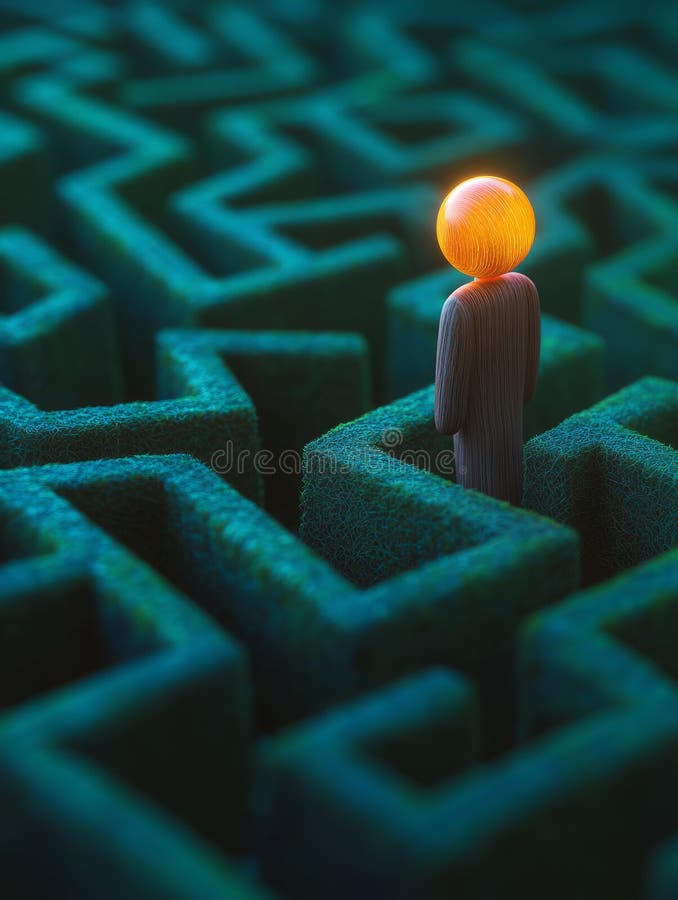 Figure with Glowing Head Navigating a Green Maze. Stock Image - Image ...