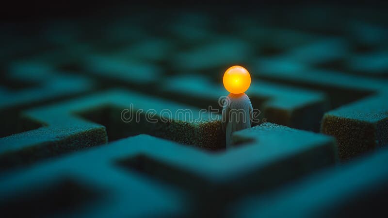 Figure with Glowing Head Standing in a Maze. Stock Image - Image of ...