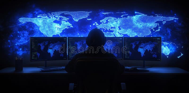 A Figure in a Hood Sits at a Computer, Facing a Big Screen with a World ...