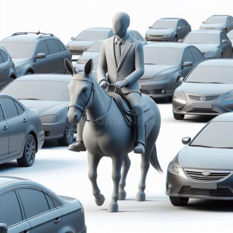 A Figure on a Horse in a Traffic Jam of Cars. Stock Image - Image of ...