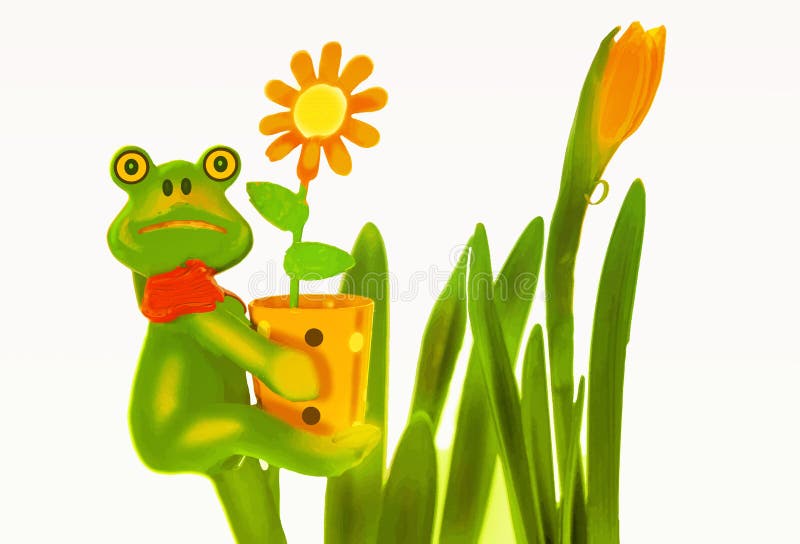 Toad Frog with a Flower in a Pot and in the Grass. Stock Illustration ...