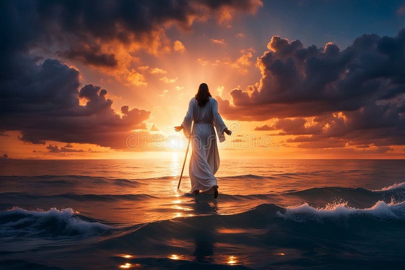 Figure of Jesus Walk on Water on a Beautiful Dramatic Sunset Background ...