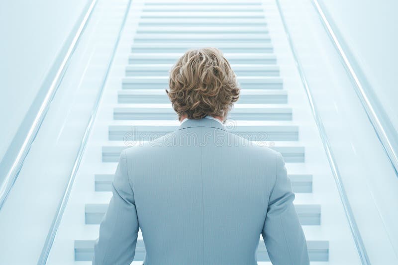 A Figure in a Light Blue Suit Climbs Stairs in a Bright Modern Space ...