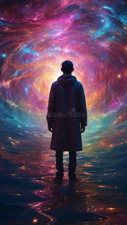 Individual Standing before a Swirling Cosmic Vortex in a Mystical ...