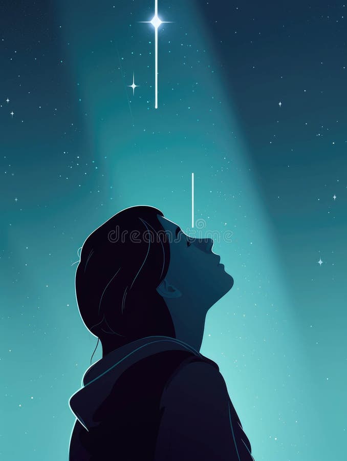 A Figure Looking Up at the Stars Their Face Illuminated by a Beam of ...