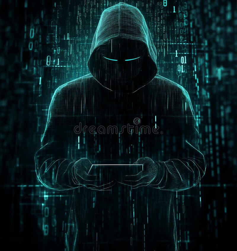 Figure of a Man in a Hoodie Focuses on a Digital Device Surrounded by a ...