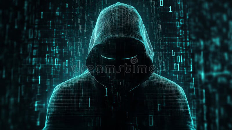 Figure of a Man in a Hoodie Focuses on a Digital Device Surrounded by a ...
