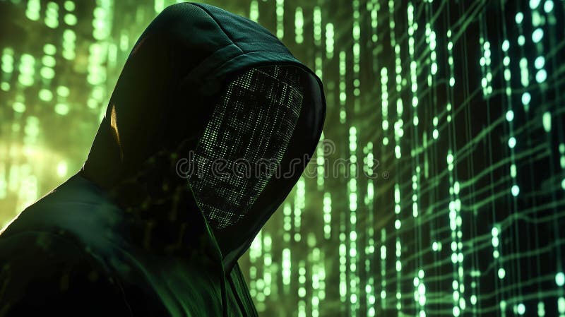 Figure of a Man in a Hoodie Focuses on a Digital Device Surrounded by a ...