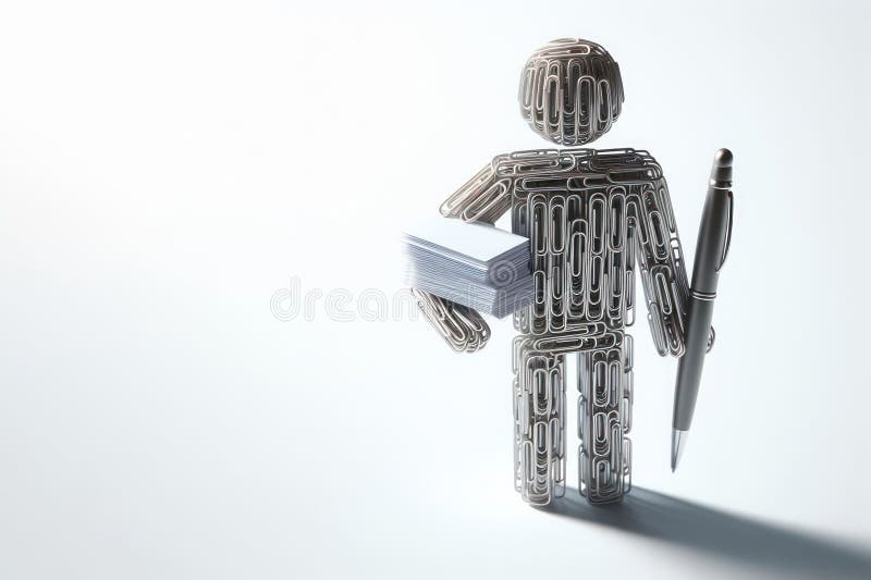 Figure of a Man Made of Paper Clips Holding a Pen and a Stack of Papers ...