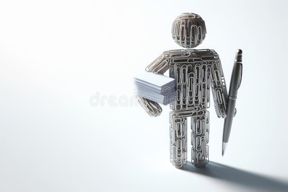 Figure of a Man Made of Paper Clips Holding a Pen and a Stack of Papers ...