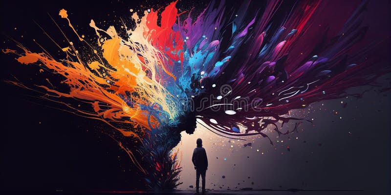 Figure Man Stands Watching an Explosion of Colors Plain Background ...
