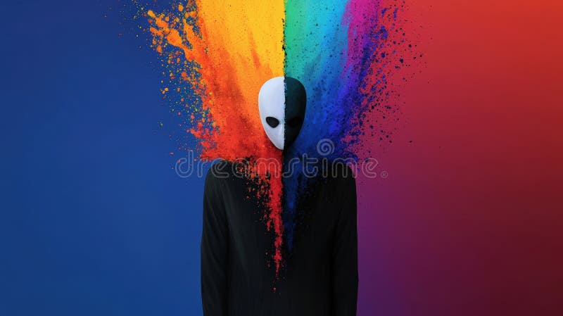 A Figure with a Mask Vibrant Colors Exploding from the Head Abstract ...
