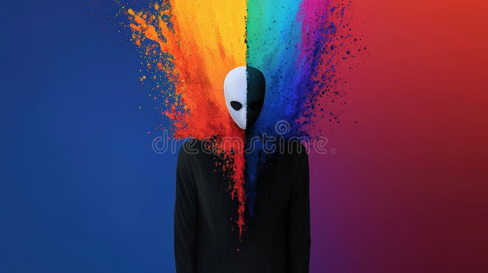 A Figure with a Mask Vibrant Colors Exploding from the Head Abstract ...