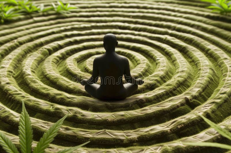 Figure Meditating in Moss-covered Zen Garden with Concentric Circles ...