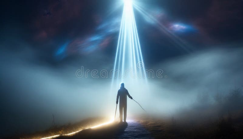 Figure in Night Forest with Rays of Light Stock Illustration ...