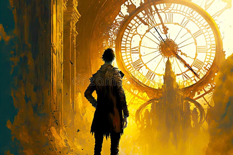 Figure of Person Opposite Large Wall Clock with Open Clockwork Stock ...