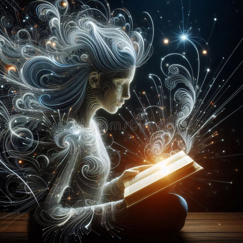 A Figure Reading a Book with Intricate Light Patterns Emanating from it ...