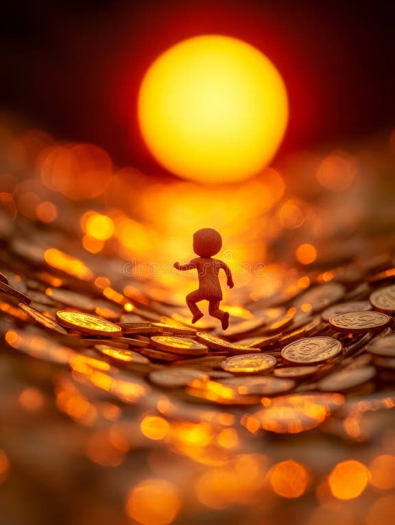 Figure Running on Coins Towards a Bright Setting Sun. Stock Photo ...