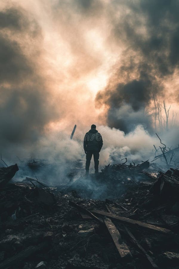A Figure is Silhouetted Against a Dramatic Sky Filled with Smoke and ...