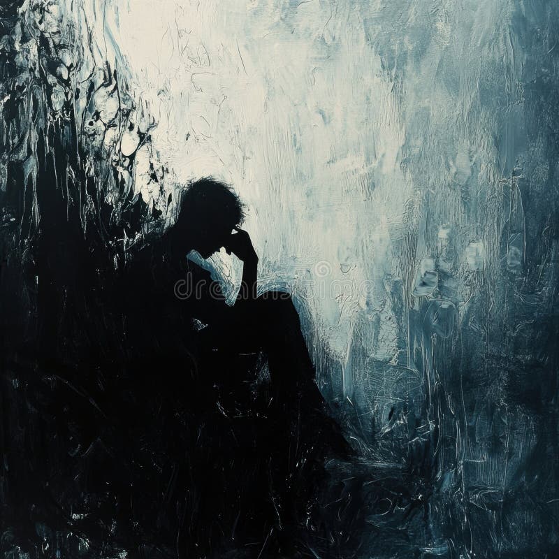 Person Seated in Shadow, Contemplating Amid Abstract Elements of Mental ...