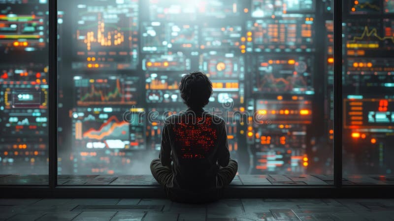 A Figure Sits in a Hightech Advanced Control Room Surrounded by Screens ...