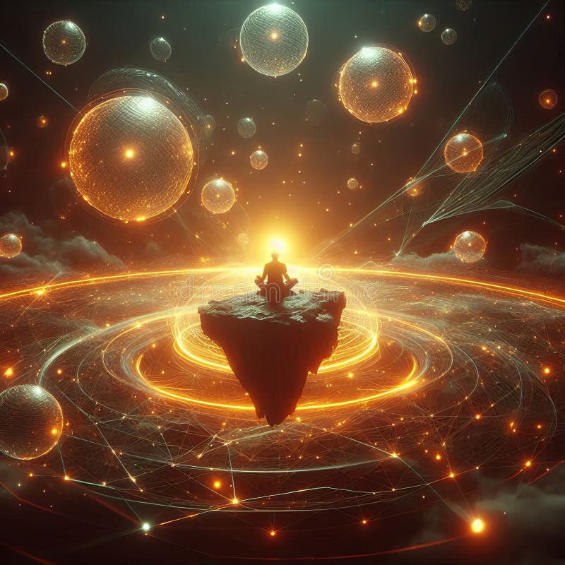 A Figure Sitting on a Floating Rock Surrounded by Glowing Orbs T Stock ...