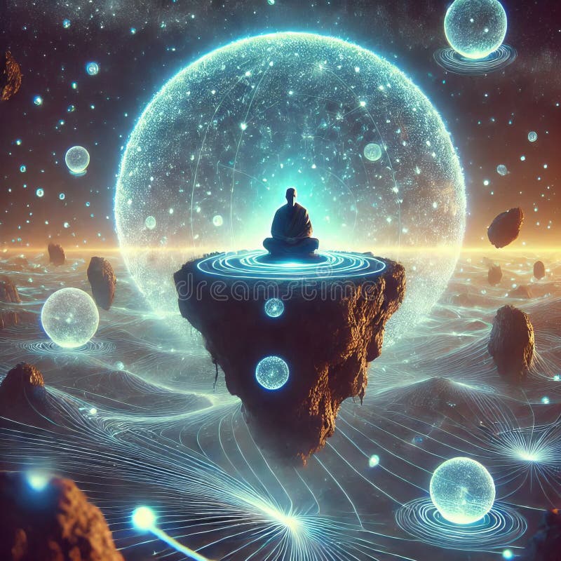 A Figure Sitting on a Floating Rock Surrounded by Glowing Orbs T Stock ...