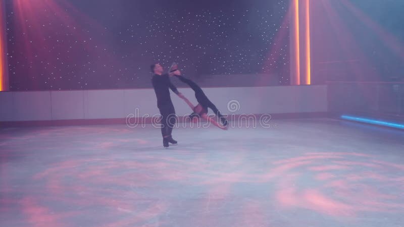 Dance of Beautiful Ice Skater Girl in White Dress on Dark Ice Rink in ...