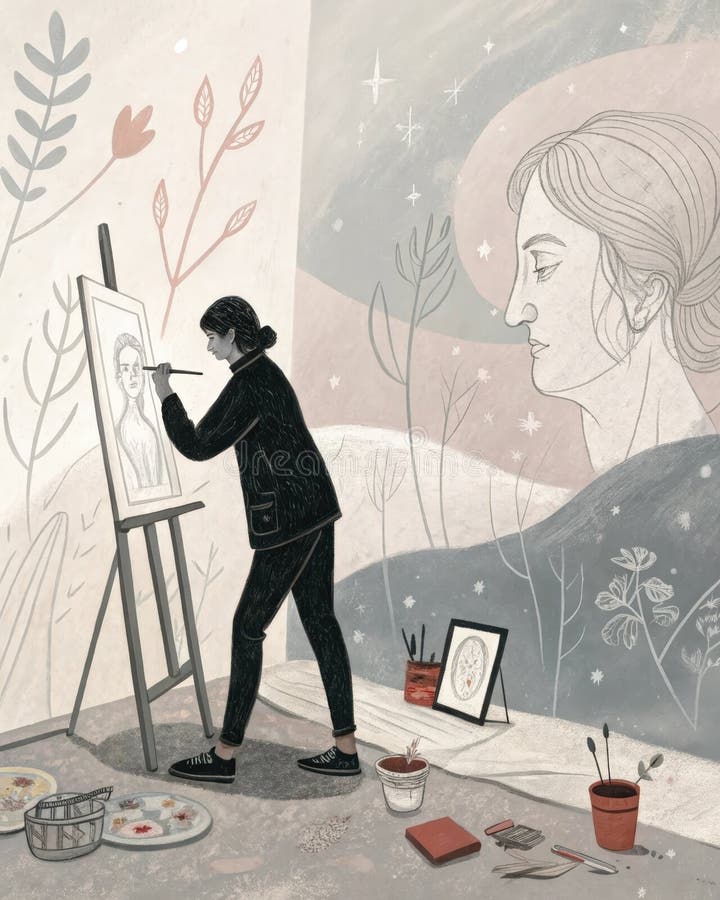 A Figure Sketching a Selfportrait in an Art Studio Underscoring the ...