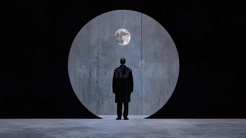 A Figure Standing in Front of a Circular Opening Gazing at a Full Moon ...