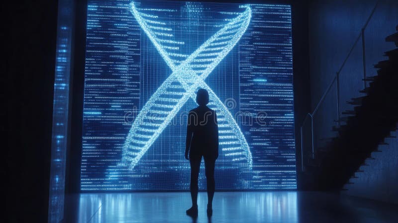 A Figure Stands Captivated by a Glowing DNA Helix Projected on a Wall ...