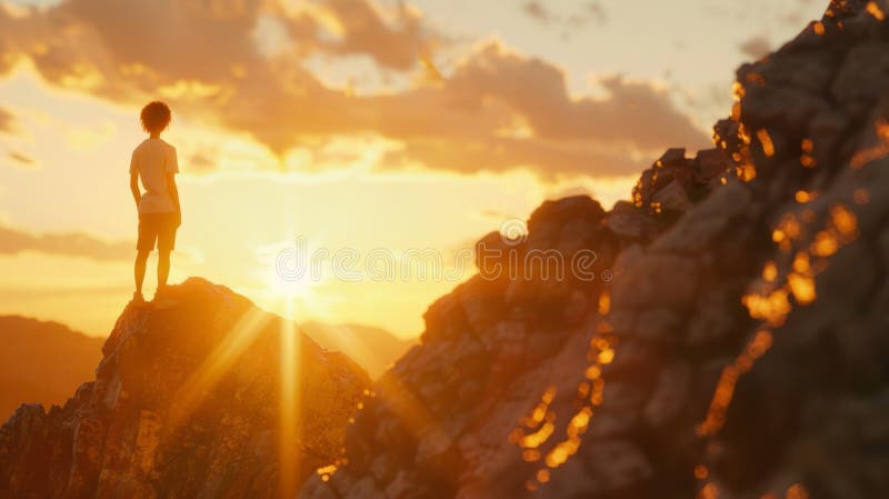 A Figure Stands on the Edge of a Rocky Cliff Back Facing the Camera As ...