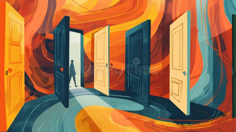 Figure Stepping Towards Change with Multiple Open Doors Stock Image ...