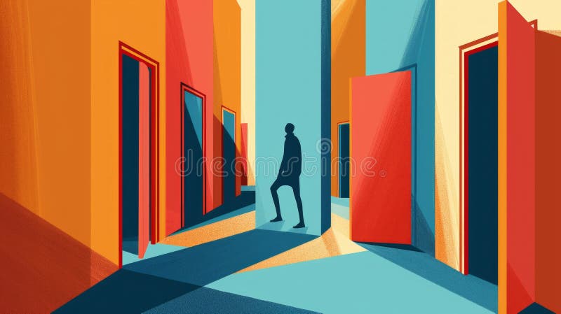 Figure Stepping Towards Change with Multiple Open Doors Stock Photo ...