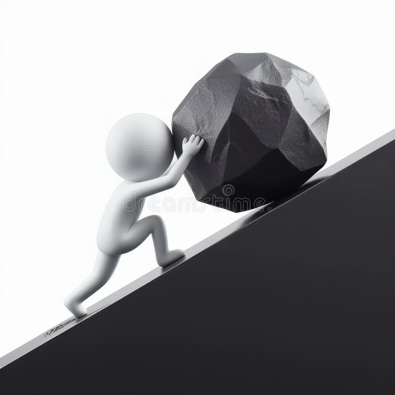 A Figure Struggles To Push a Large Rock Uphill, Symbolizing ...